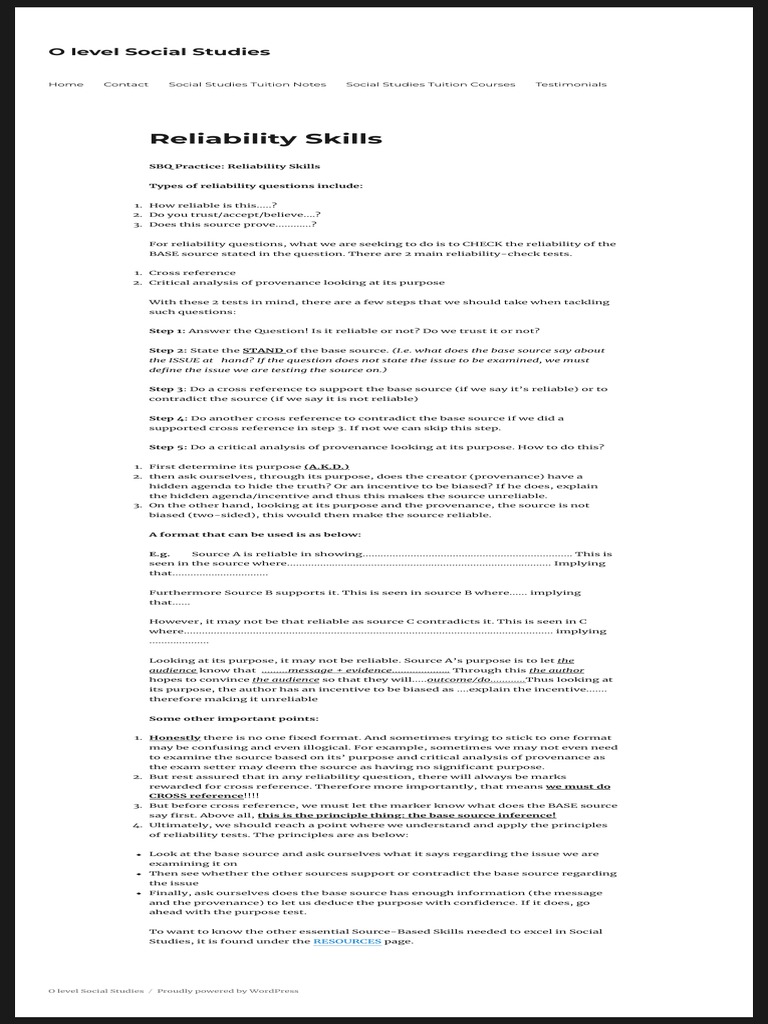 Reliability Skills - O Level Social Studies | Download Free PDF | Critical Thinking | Science