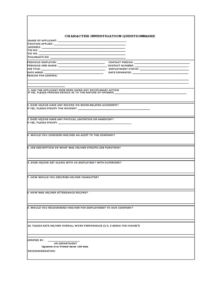 Character investigation questionnaire | PDF