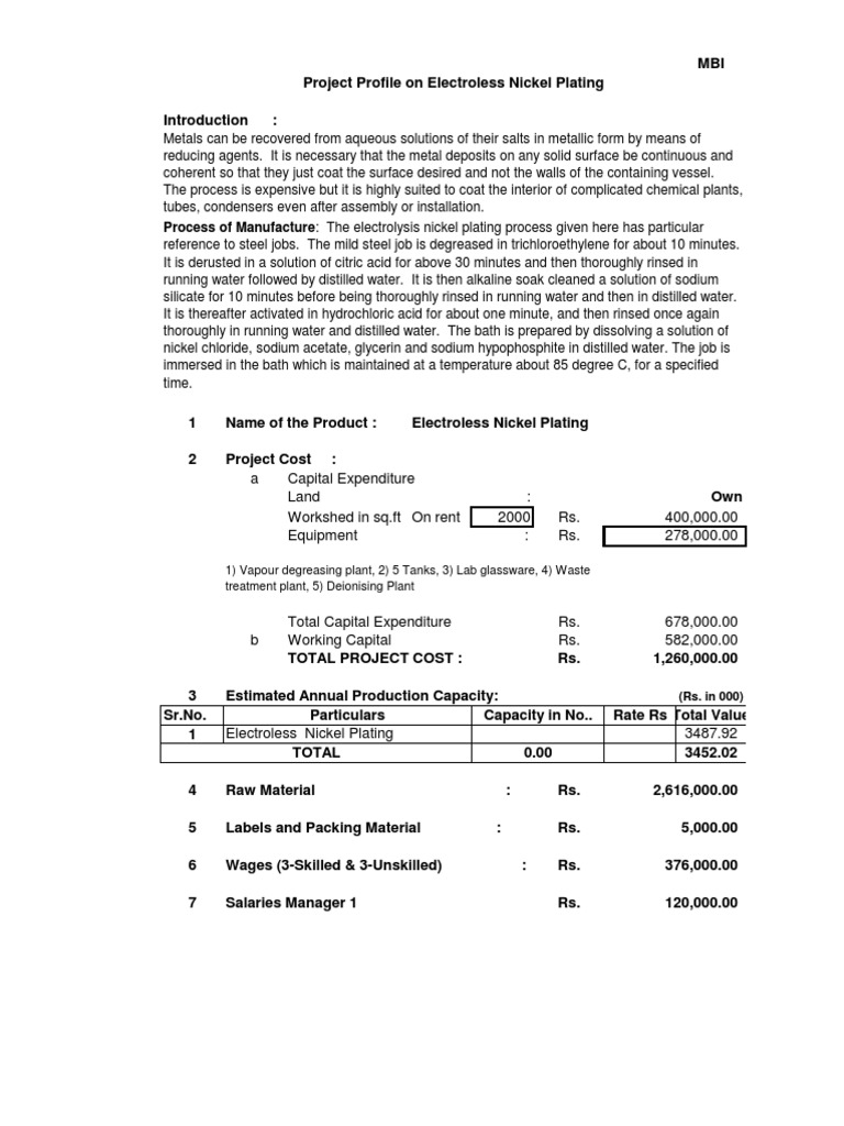Electroless Nickel Plating Project Profile | PDF | Cost | Chemistry