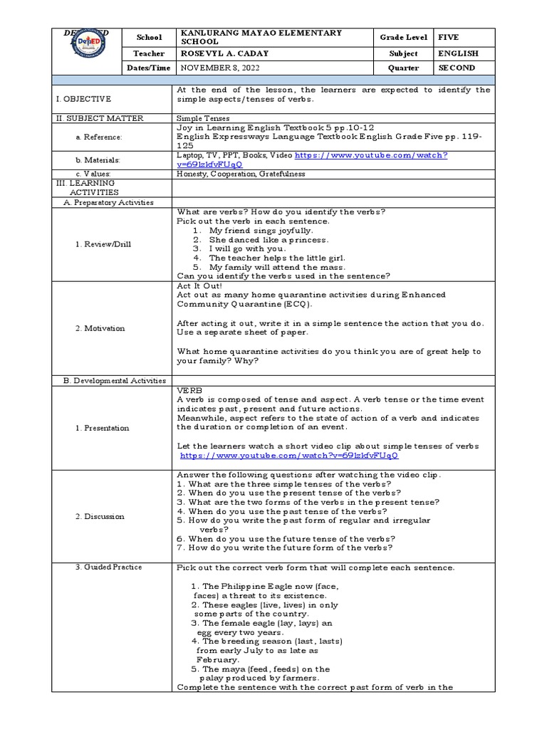 DLP English Q2 W1 D2 | PDF | Grammatical Tense | Verb