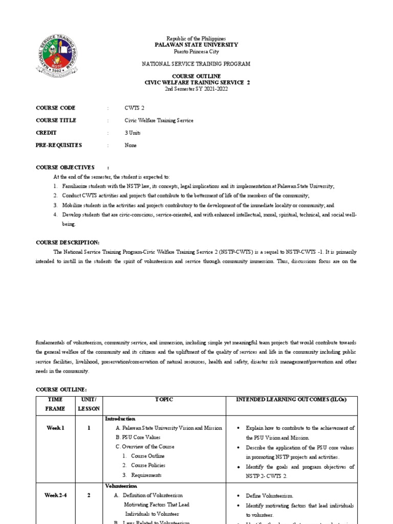 Course Outline NSTP CWTS 2 | PDF | Volunteering | Needs Assessment