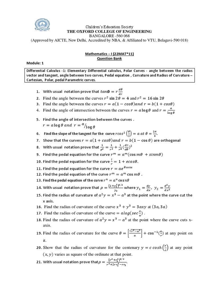 Mathematics – I Question Bank Covers Differential Calculus, Series ...