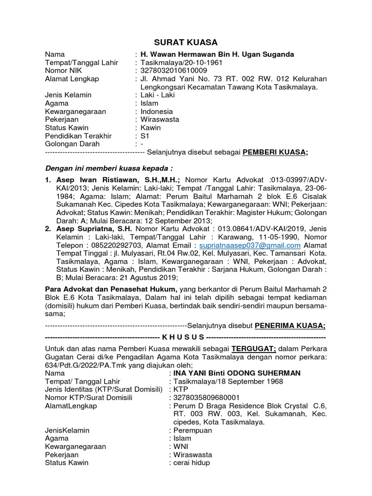 SURAT KUASA H. Wawan Hermawan | PDF | Hukum