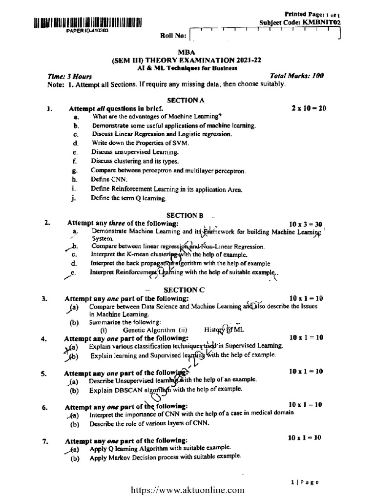 Mba 3 Sem Ai and ML Techniques For Business Kmbnit02 2022 | PDF