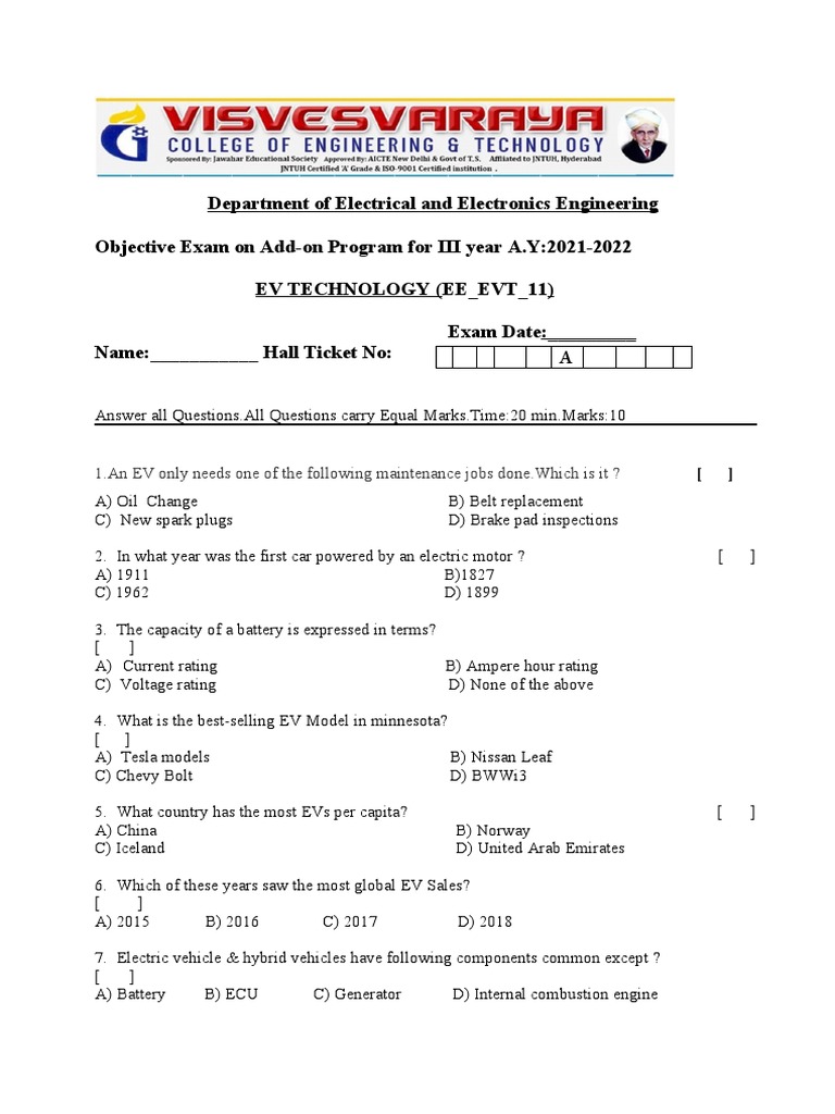 EV Technology QP | PDF | Electric Vehicle | Electric Car