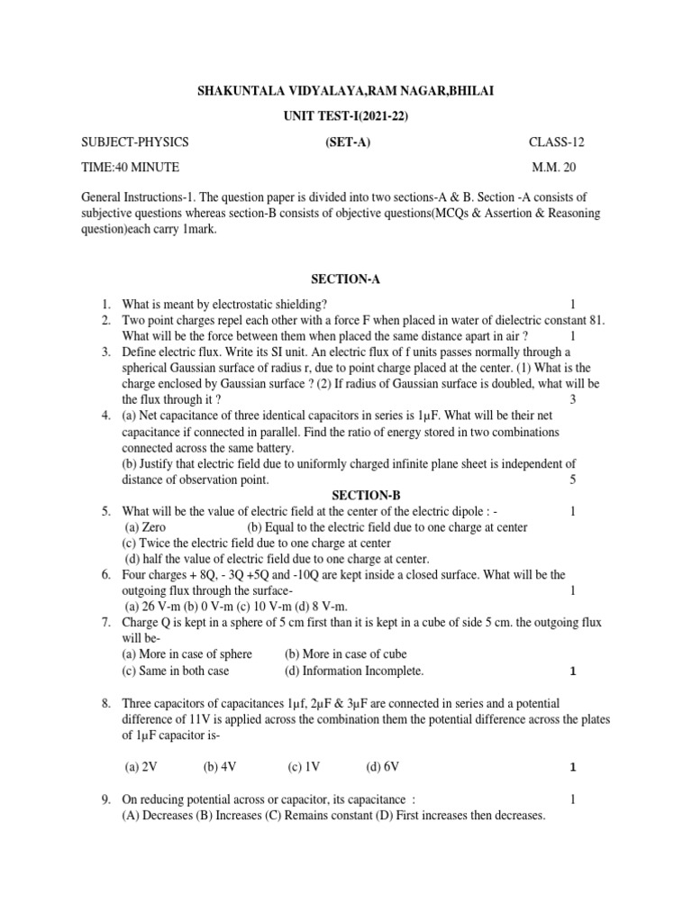 UT-1 CLASS 12 Set-A | PDF | Capacitance | Electric Charge