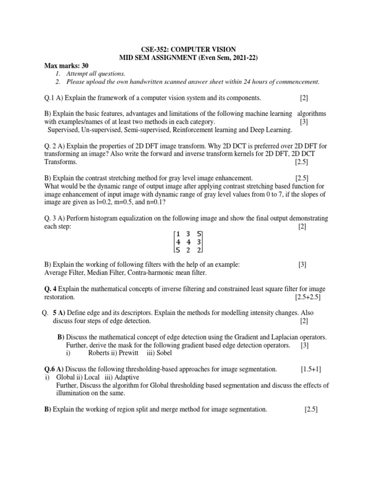 CSE-352 Computer Vision Mid-Sem Assignment | PDF | Image Segmentation | Applied Mathematics