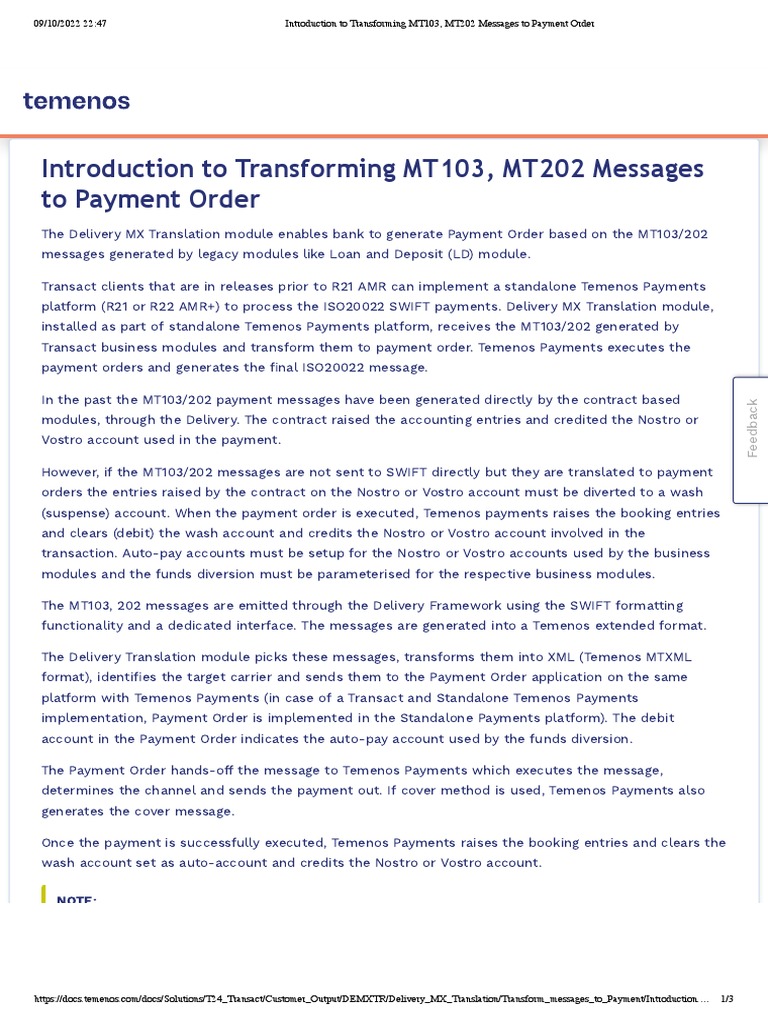 Introduction To Transforming MT103, MT202 Messages To Payment Order | PDF | Payments | Business