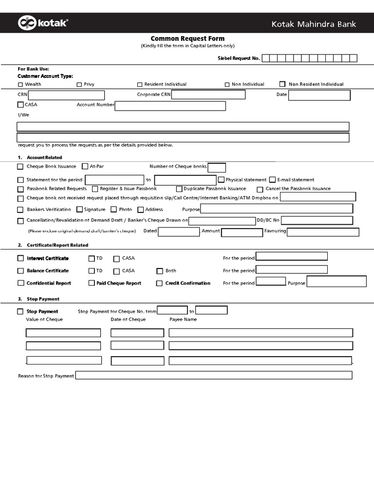 Account Related Common Request Form | PDF | Cheque | Banks