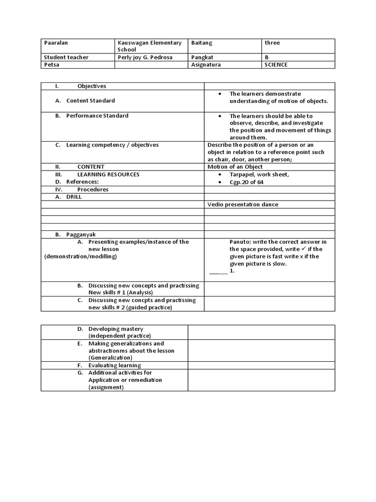 Science Lesson Plan on Motion | PDF | Learning | Cognitive Psychology