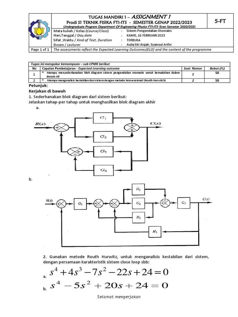 Soal Tugas Routh Hurwitzh Dan Blok Diagram 2023 | PDF | Metode & Bahan ...