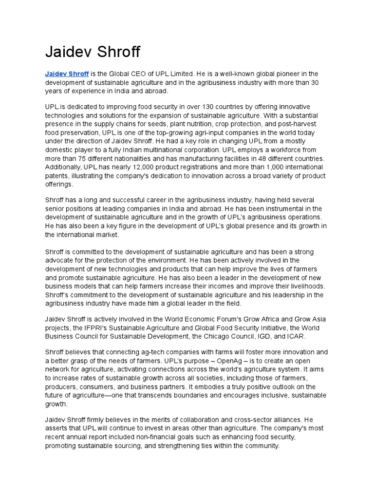 Jaidev Shroff - CEO of UPL Limited. | PDF | Agriculture | Sustainable ...