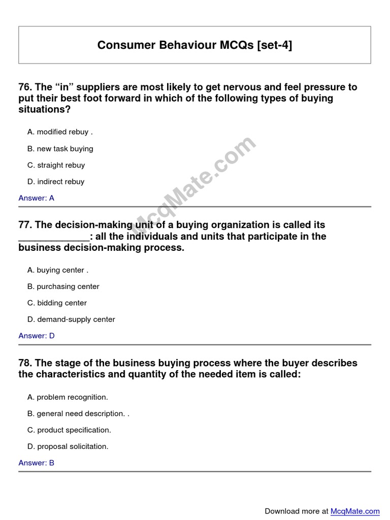 Consumer-Behaviour Solved MCQs (Set-4) | PDF | Marketing | Sales Consumer-Behaviour Solved MCQs (Set-4) | PDF | Marketing | Sales