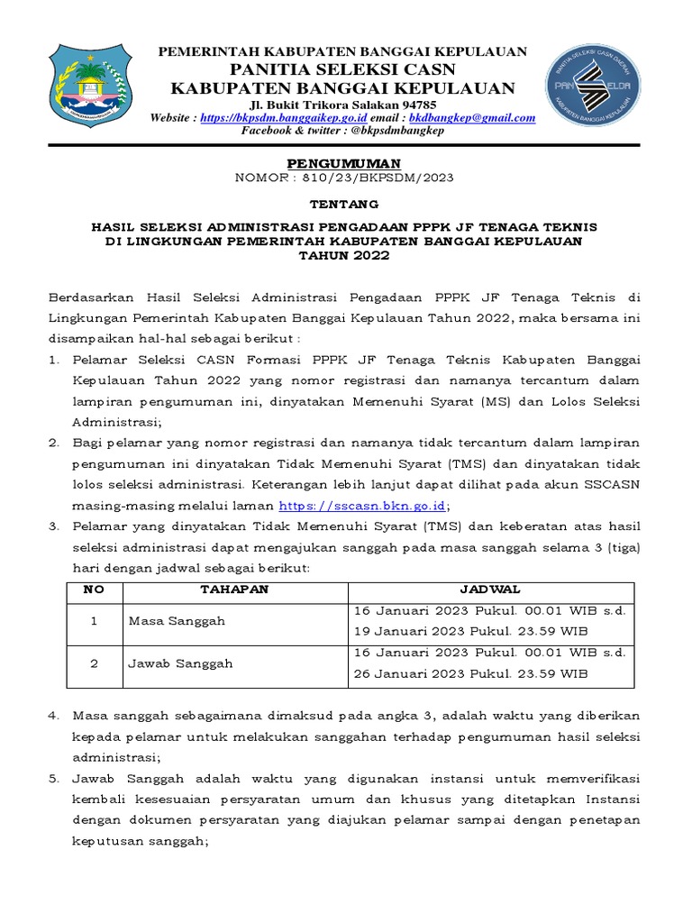 Pengumuman Seleksi Administrasi PPPK JF Tenaga Teknis | PDF