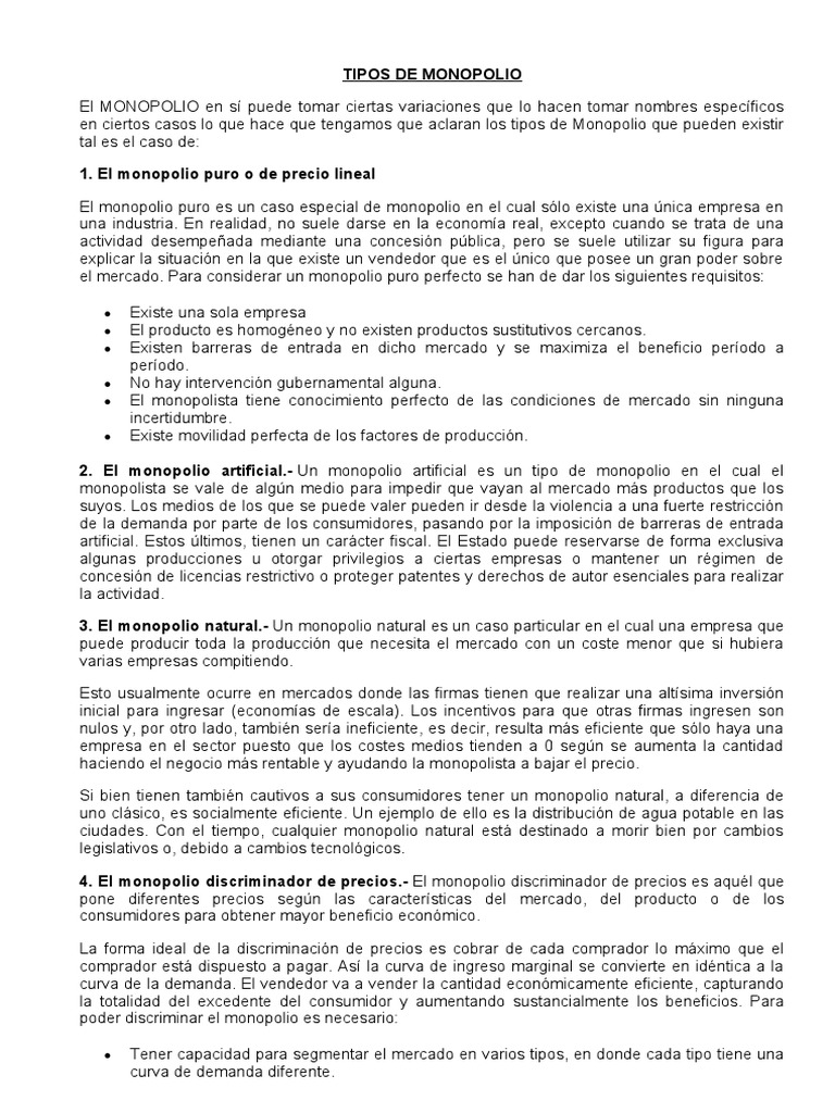 Tipos de Monopolio | PDF | Monopolio | Mercado (economía)