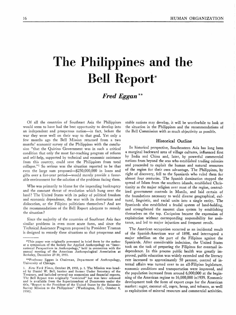 Article Fred Eggan - Philippines and The Bell Mission Report | PDF ...