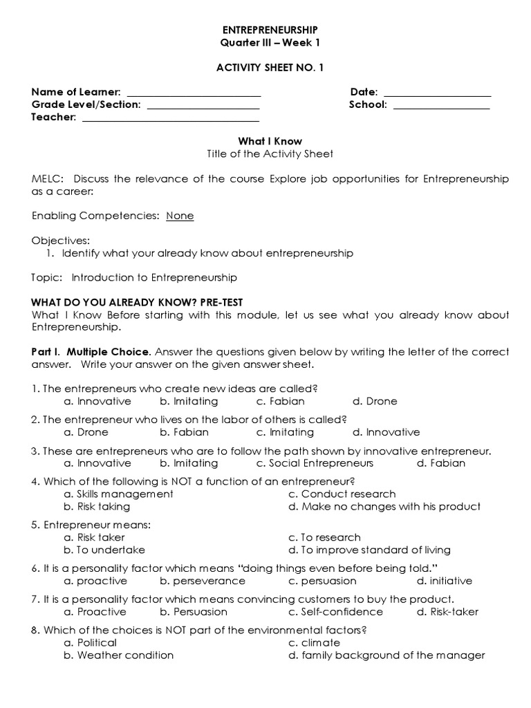 Activity Sheet 1 - Entrepreneurship - 3RD Quarter - Jao | PDF ...