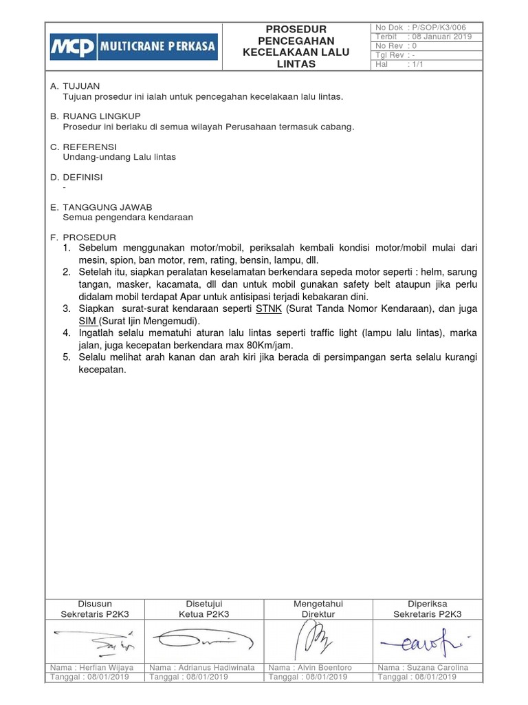 P-SOP-K3-006 Prosedur Pencegahan Kecelakaan Lalu Lintas | PDF