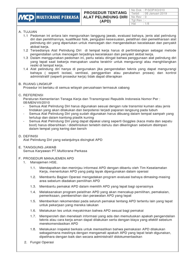 P-SOP-K3-010 Prosedur Tentang Penggunaan APD | PDF
