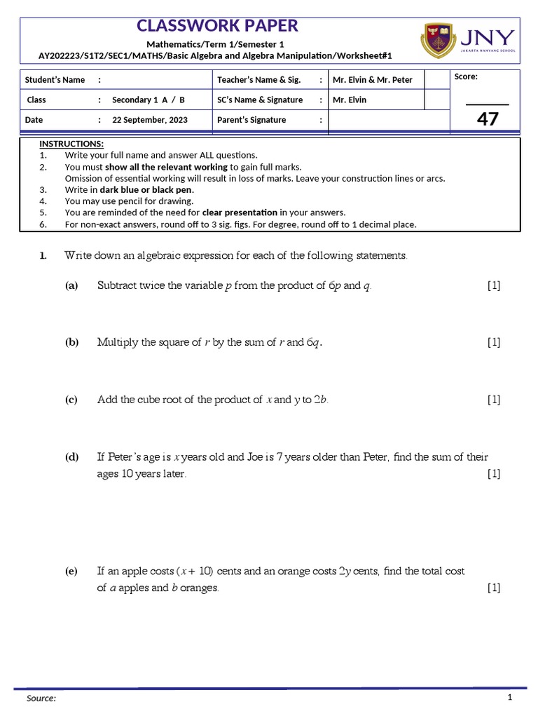 CW1#T2 SEC.1 BasicAlgebra and AlgebraManipulation | PDF | Mathematics ...
