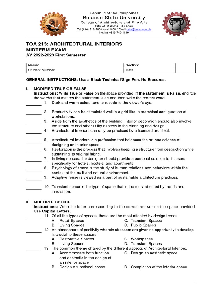 TOA 213 - Midterm Exam | PDF | Lighting | Window