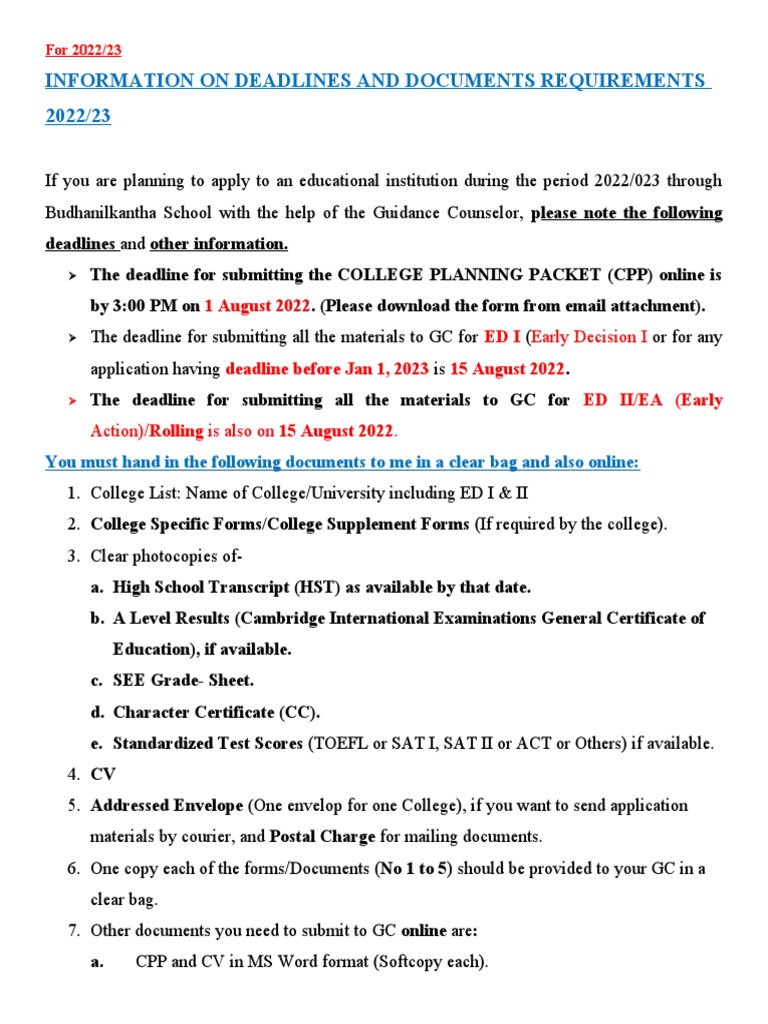 2022/23 College Application Deadlines | PDF | Mail