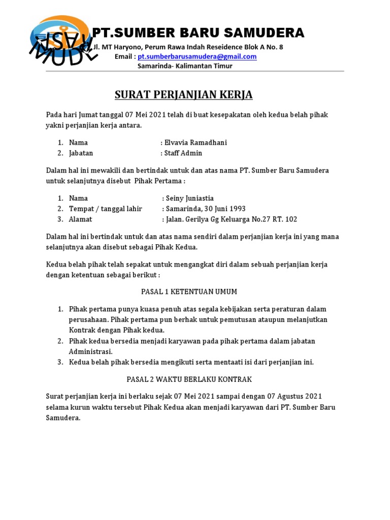 Surat Kontrak Kerja Karyawan | PDF