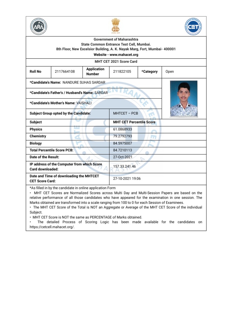 MHT CET 2021 Score Card Details | PDF