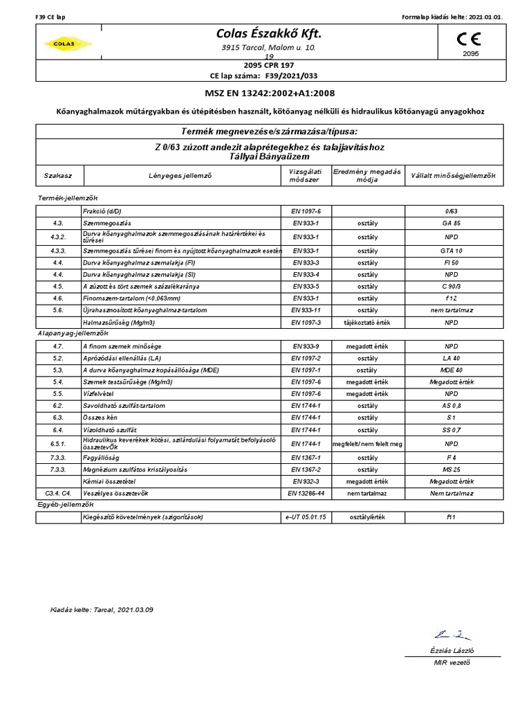 Colas Északkő KFT.: MSZ EN 13242:2002+A1:2008 | PDF