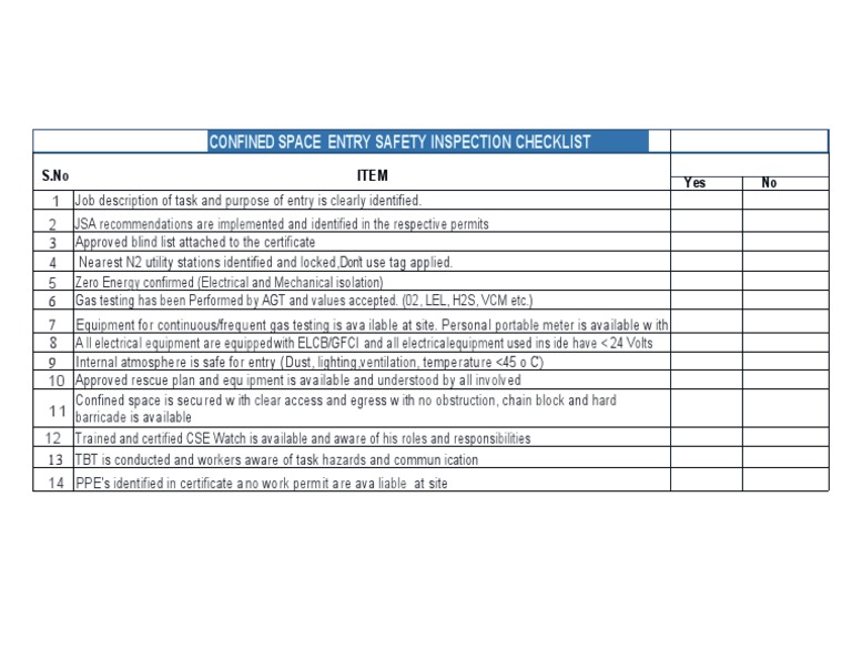 Confined Space Entry Checklist Format | PDF | Computers | Technology & Engineering