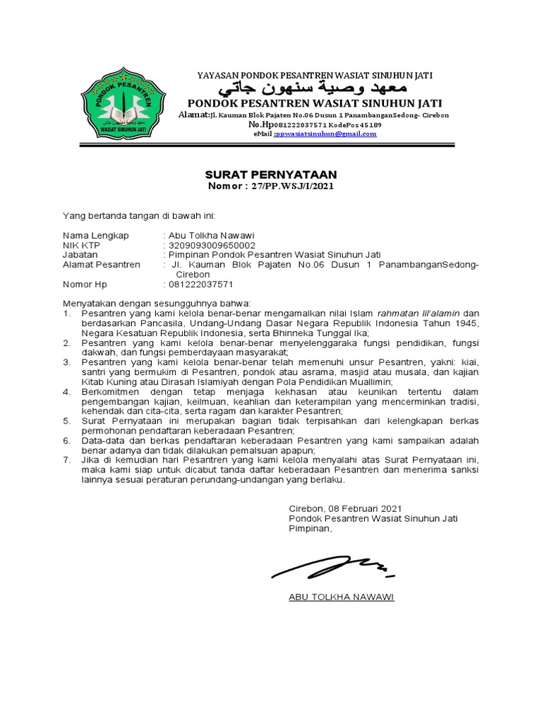 Format Surat Pernyataan Pimpinan Pesantren | PDF