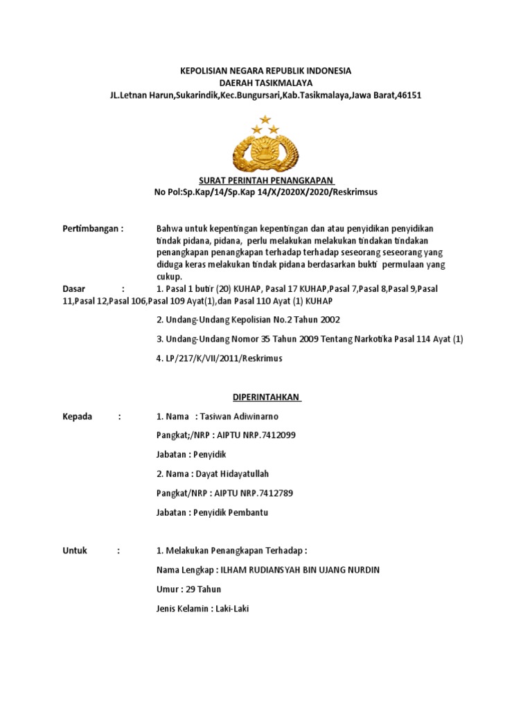Surat Perintah Penangkapan Kepolisian Negara Republik Indonesia | PDF ...