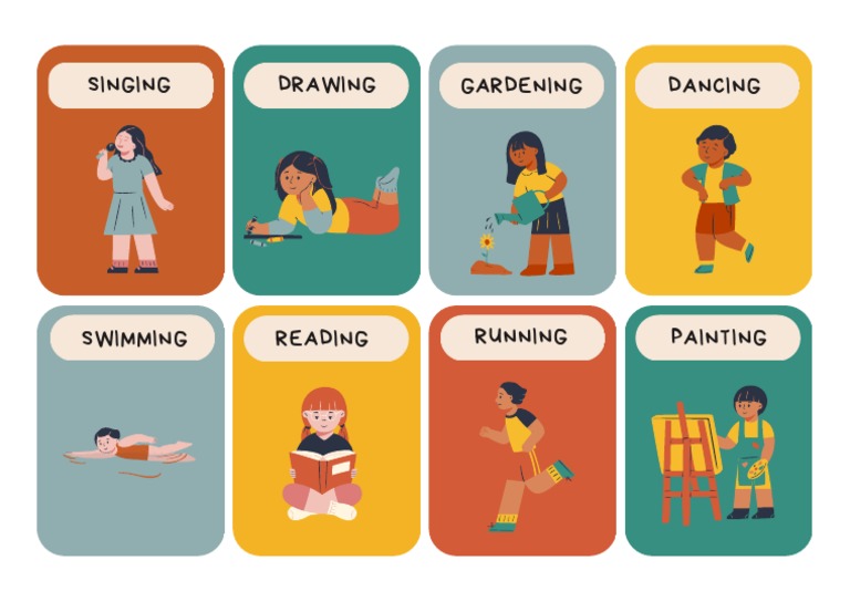 Colorful Illustrated English Hobbies Flashcards | PDF