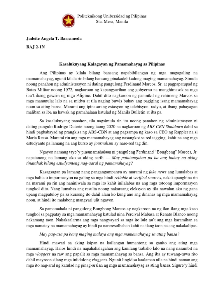 Midterms - Kalagayan NG Mamamahayag Sa Pilipinas | PDF