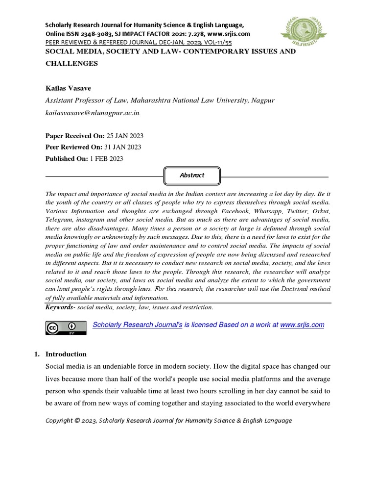 Social Media, Society and Law - Contemporary Issues and Challenges ...