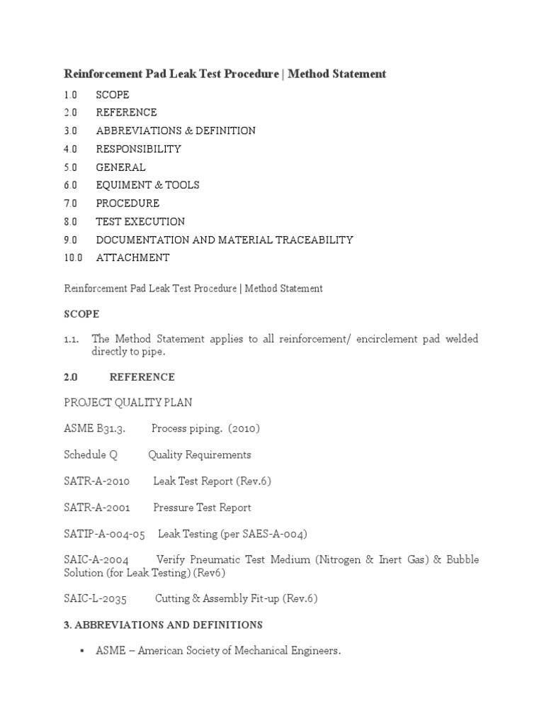 Reinforcement Pad Leak Test Method | PDF | Leak | Calibration