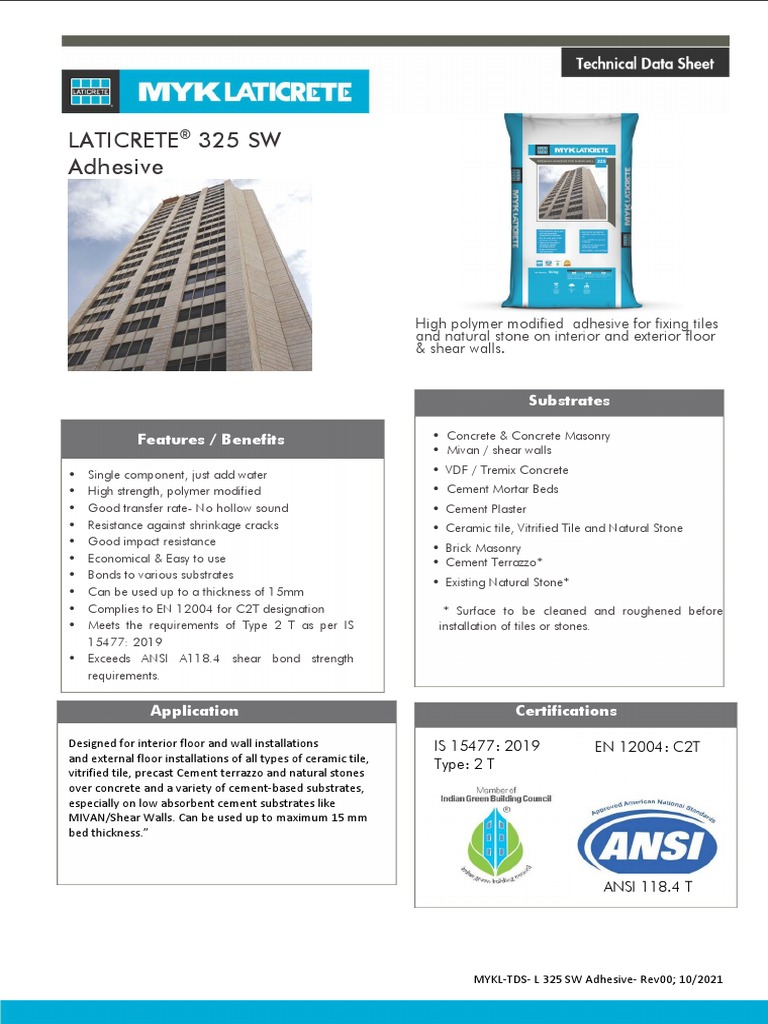 Laticrete 325 SW Adhesive | PDF | Concrete | Adhesive