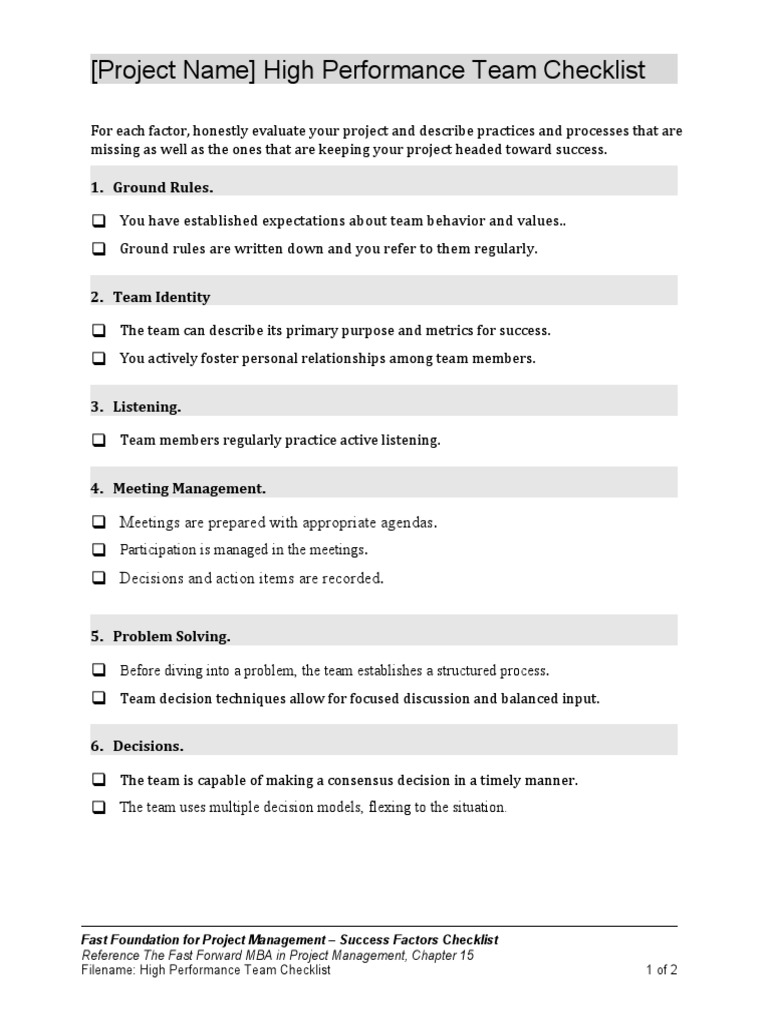 High Performance Team Checklist | PDF