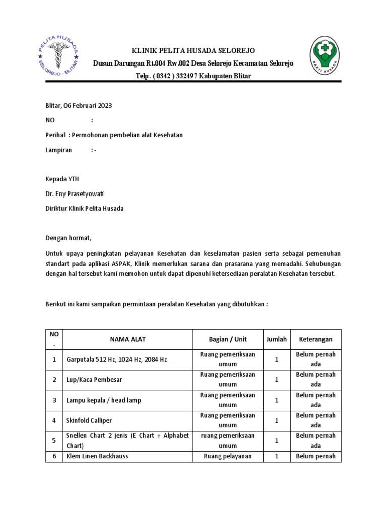 Surat Pengajuan Pegadaan Alkes | PDF