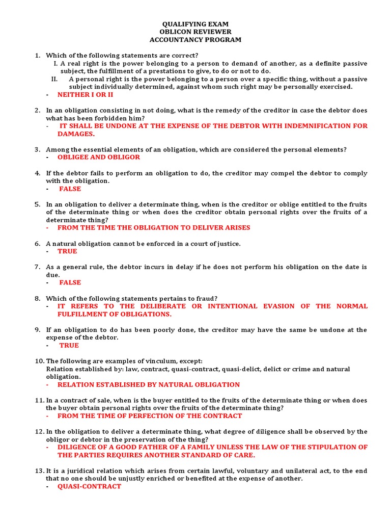 Oblicon Qualifying Exam Reviewer Guide | PDF | Legal Liability | Law Of ...