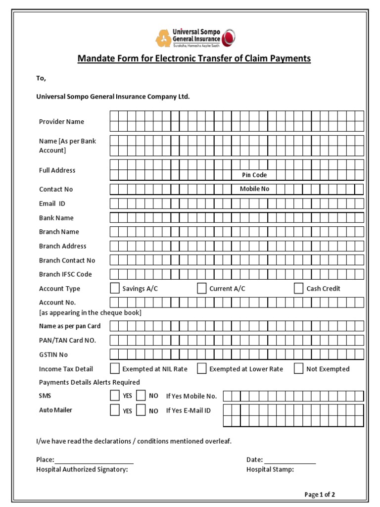 Mandate Form For Electronic Transfer of Claim Payments: To, Universal Sompo General Insurance ...