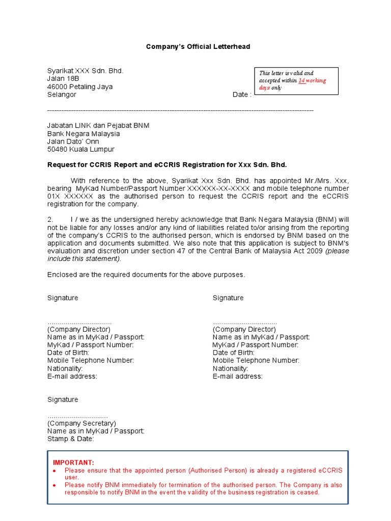 Sample Authorisation Letter CCRIS eCCRIS Company en | PDF | Government ...