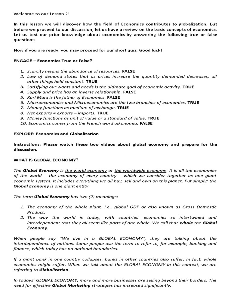 Prelim - Lesson 2 Economic Globalization | PDF