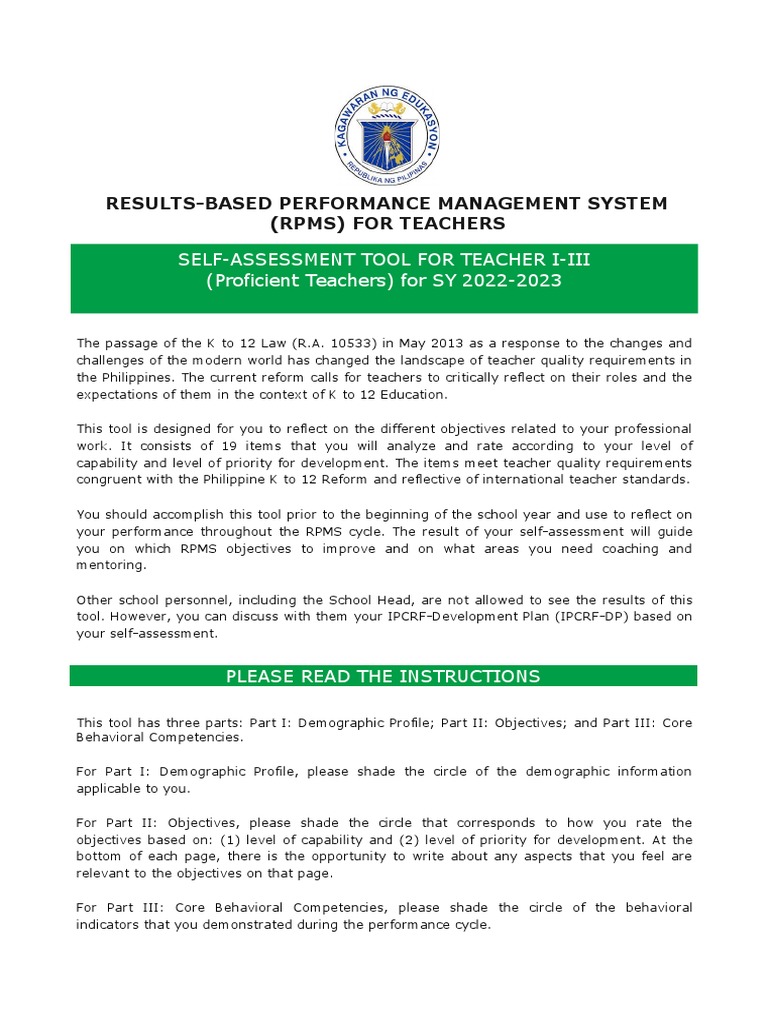 RPMS Self-Assessment Tool for Teachers | PDF | Learning | Goal