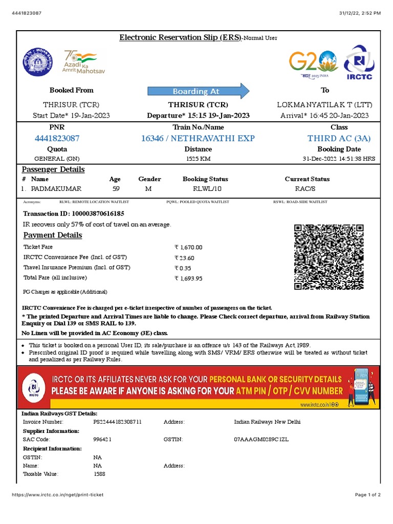 Nethravathi Exp Third Ac (3A) : Electronic Reservation Slip (ERS ...