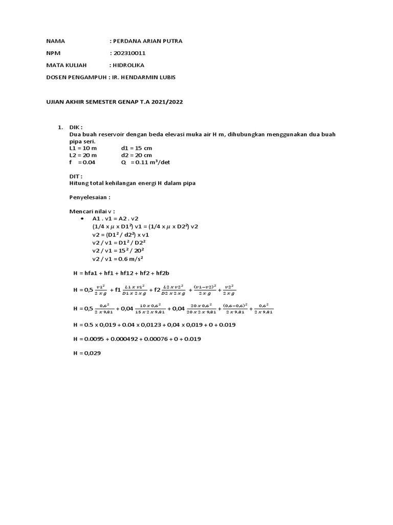 Uas - Hidrolika - Perdana Arian Putra - 202310011 | PDF