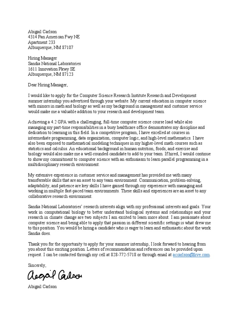 Abigail Carlson SNL Cover Letter | PDF | Science | Computer Science
