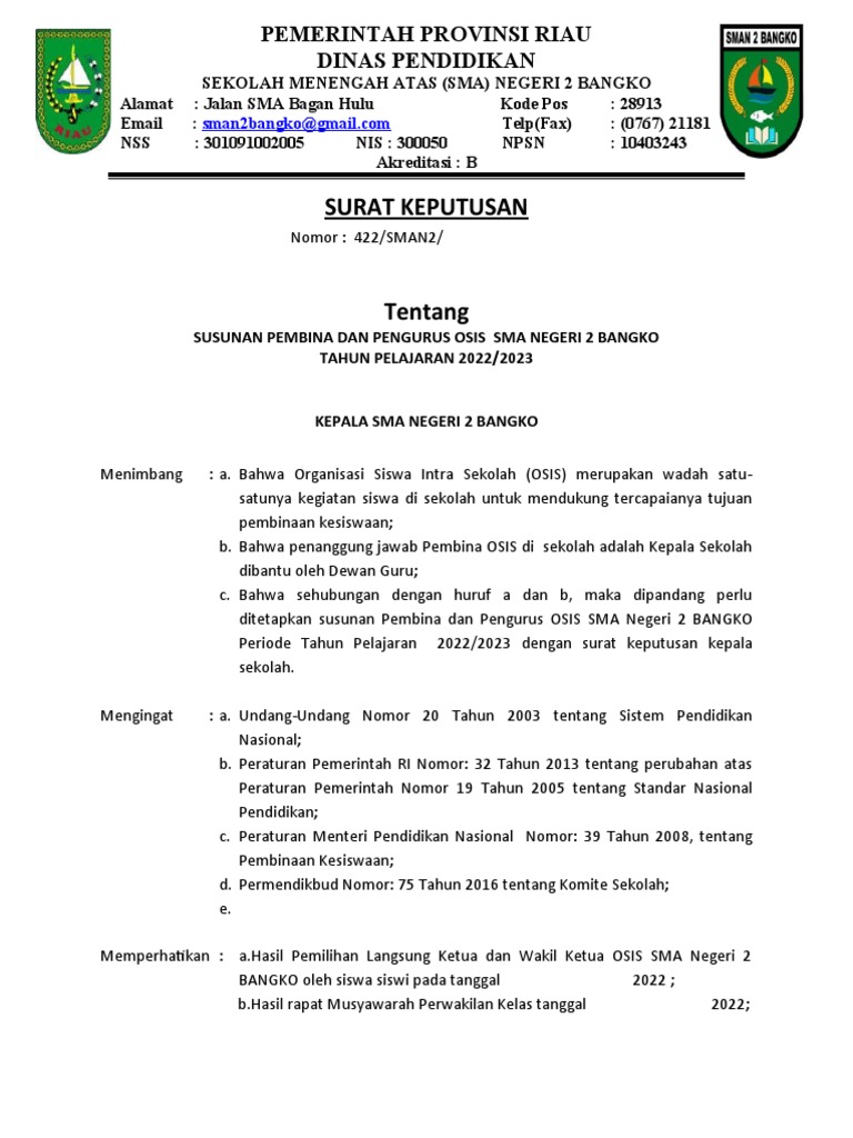 Surat Keputusan SK Osis | PDF