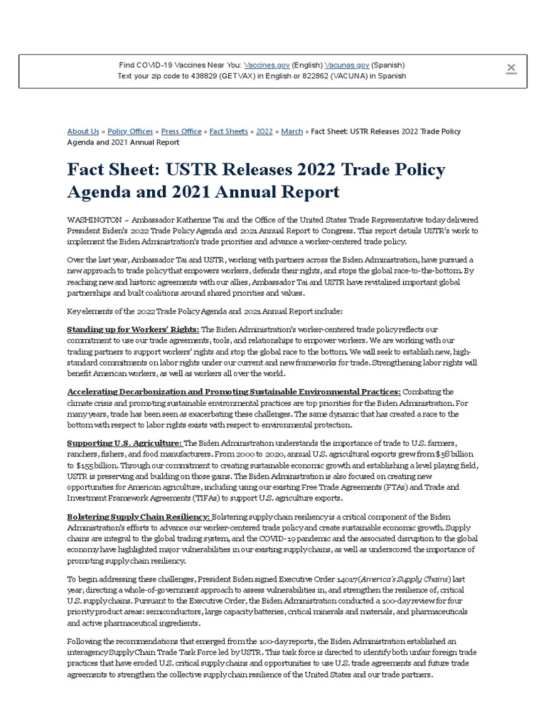 Fact Sheet - USTR Releases 2022 Trade Policy Agenda and 2021 Annual ...