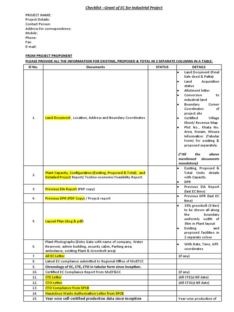 Checklist (Grant of EC For Industrial Project) | PDF | Waste | Water